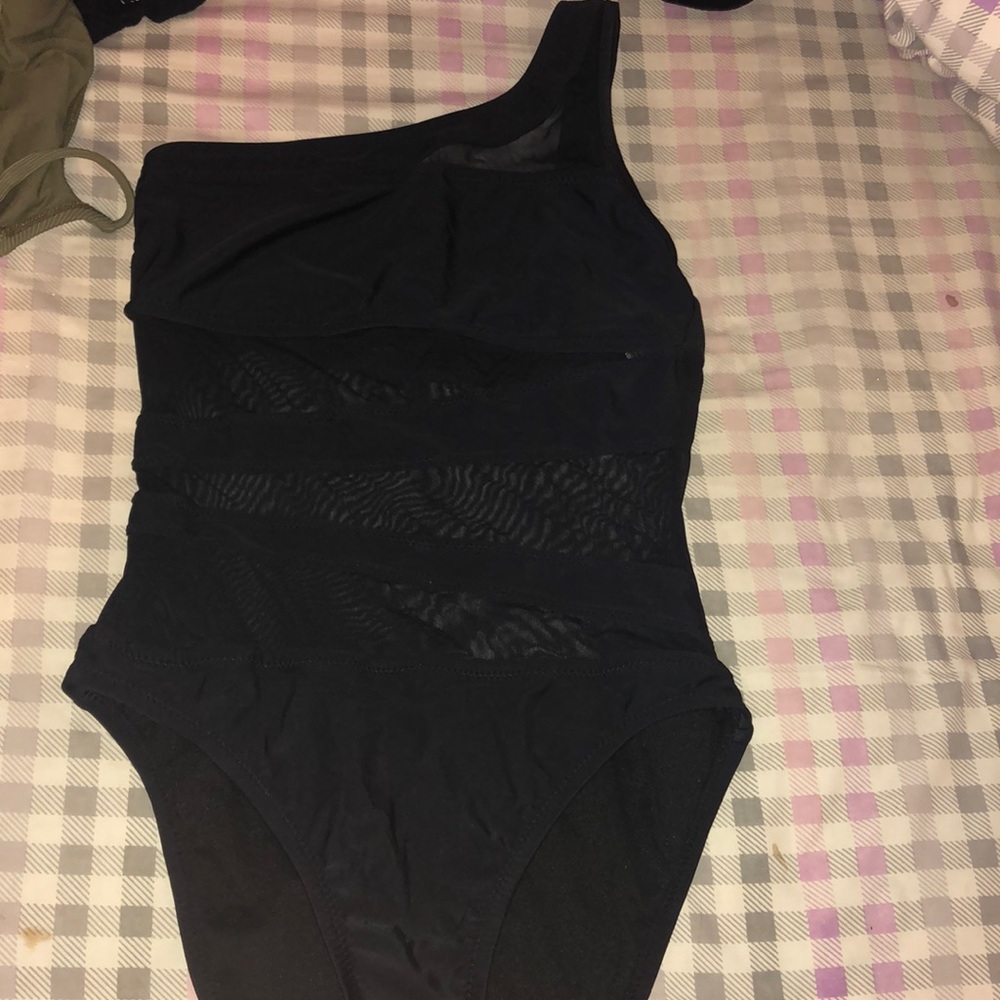Black One Shoulder See Through Bathing Suit Gem